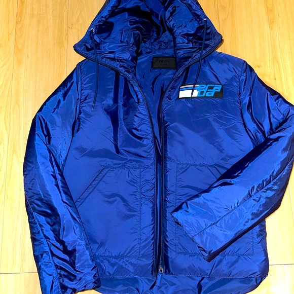 Prada | Jackets & Coats | Prada Nylon Rubber Logo Patch Jacket Blue ...